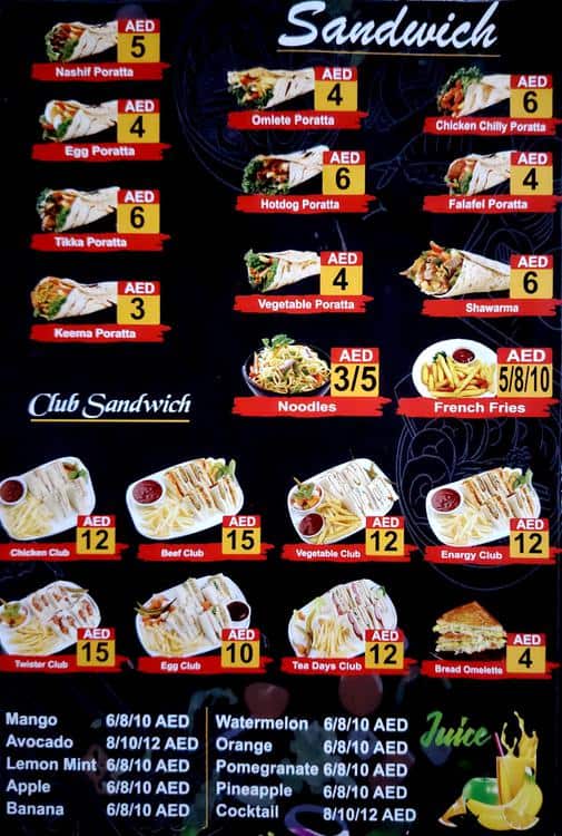 Menu of Tea Days Cafeteria, Naif, Dubai