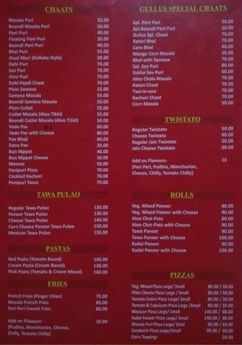 Menu of Gullu's Chat, Seshadripuram, Bangalore