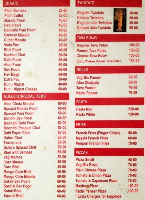 Gullu's Chat Menu, Menu for Gullu's Chat, Seshadripuram, Bangalore - Zomato