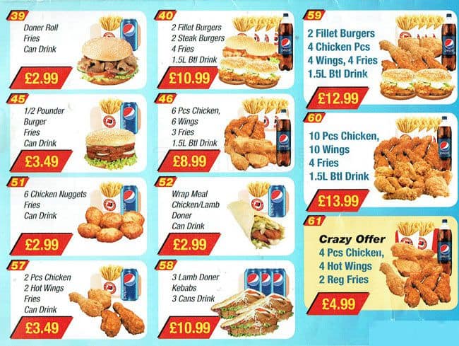 Menu at FFC restaurant, London, 52 Hermit Road