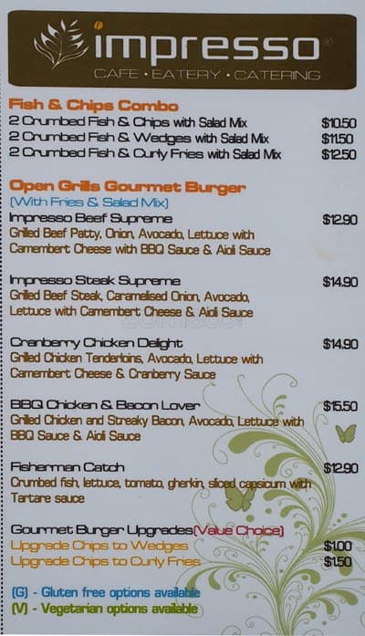 Menu at Impresso Cafe.Eatery.Catering, Hamilton, Hukanui Rd