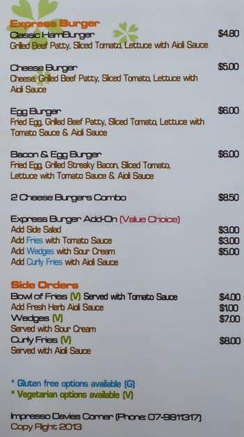 Menu at Impresso Cafe.Eatery.Catering, Hamilton, Hukanui Rd