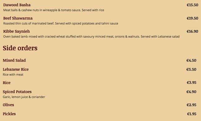 Menu at Cedar Tree restaurant, Dublin