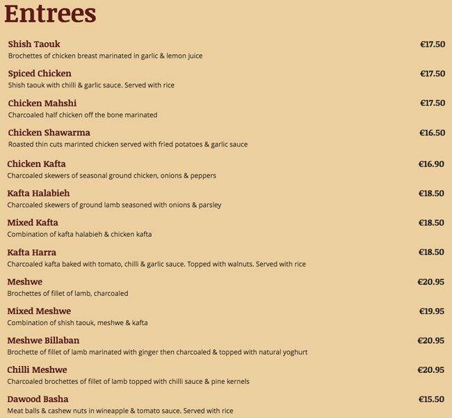 Menu at Cedar Tree restaurant, Dublin