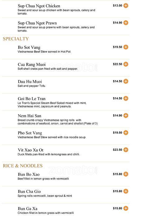 Menu at Le Tran Vietnamese Restaurant, Rozelle