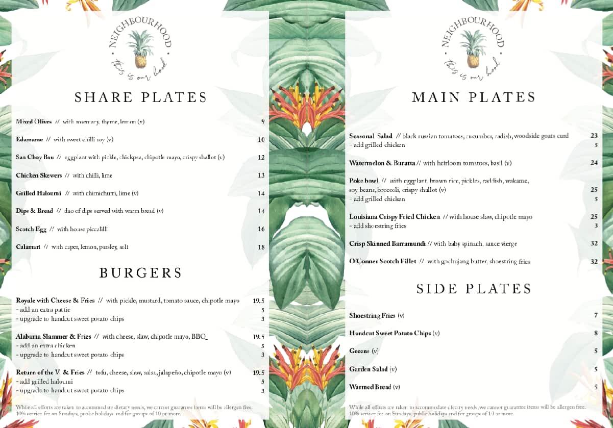 Menu at Neighbourhood Bondi restaurant, Bondi Beach, 143 Curlewis St