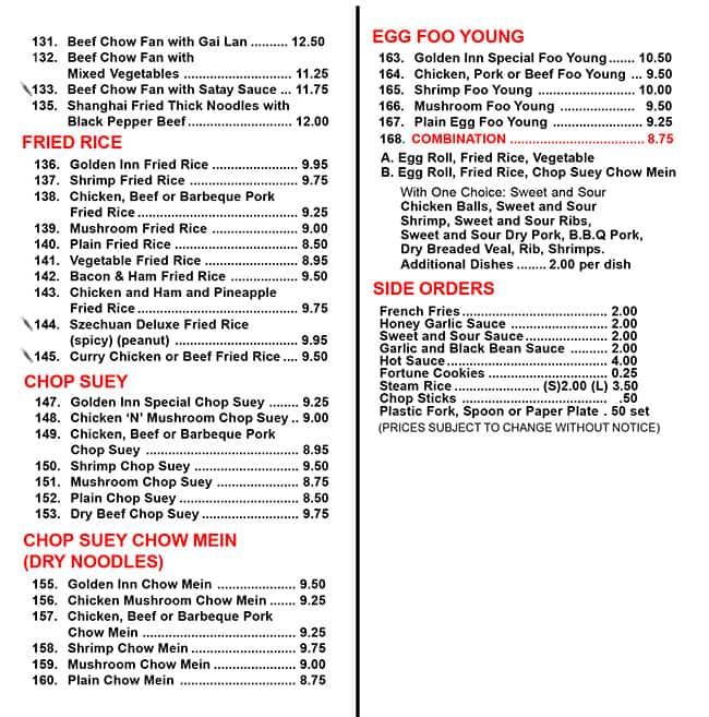 Menu at New Golden Inn restaurant, Winnipeg