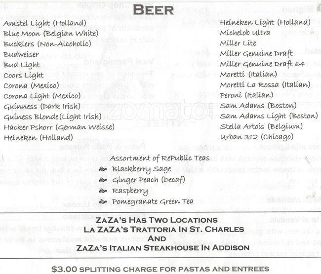 Menu at La Zaza Trattoria steakhouse, St. Charles