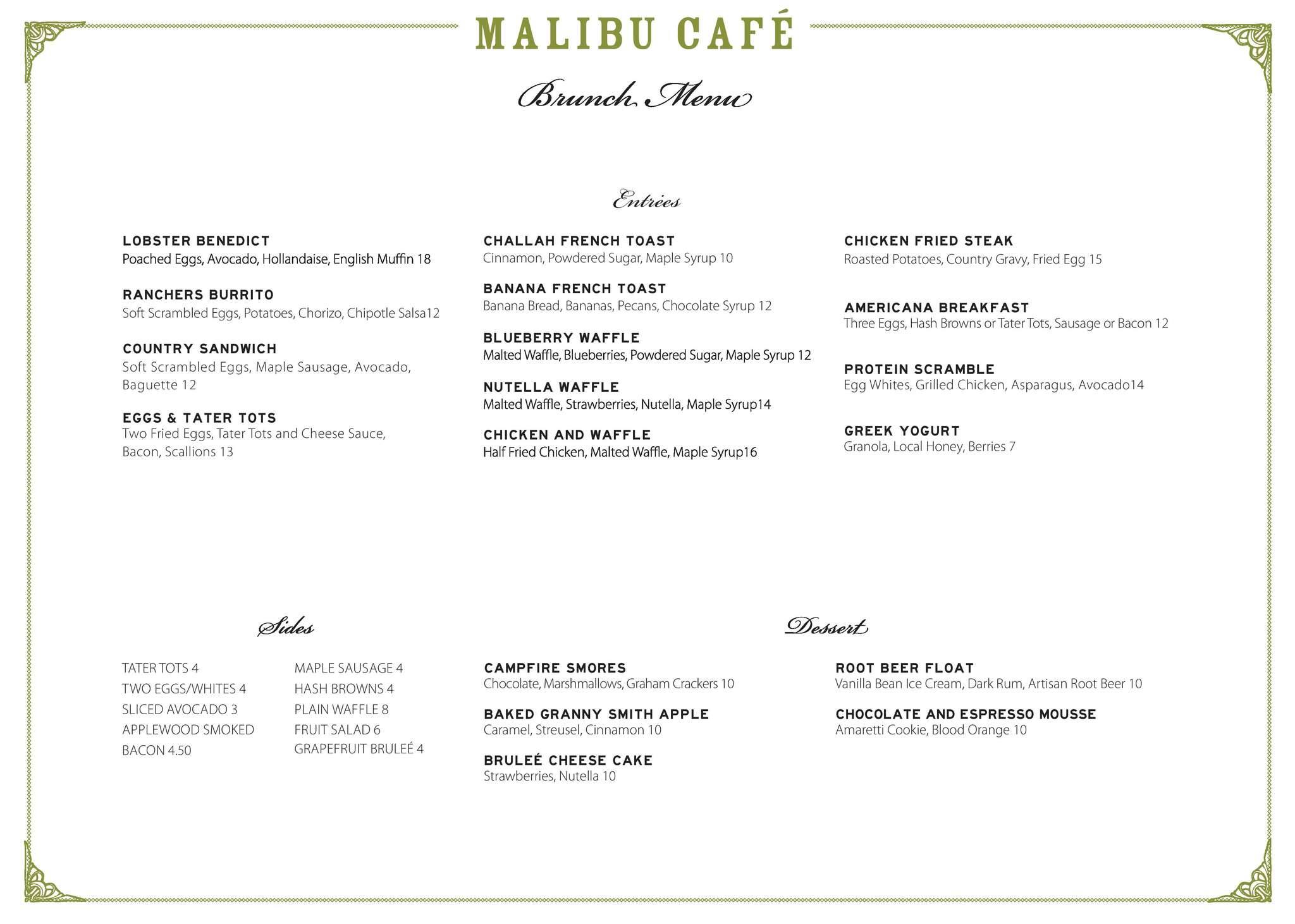 Menu at The Malibu Cafe, Malibu