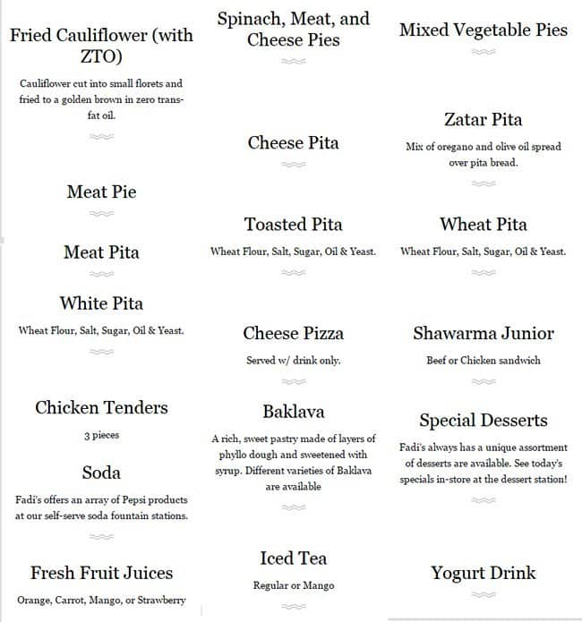 Menu at Fadi’s Mediterranean Grill restaurant, Sugar Land, 716 Hwy 6