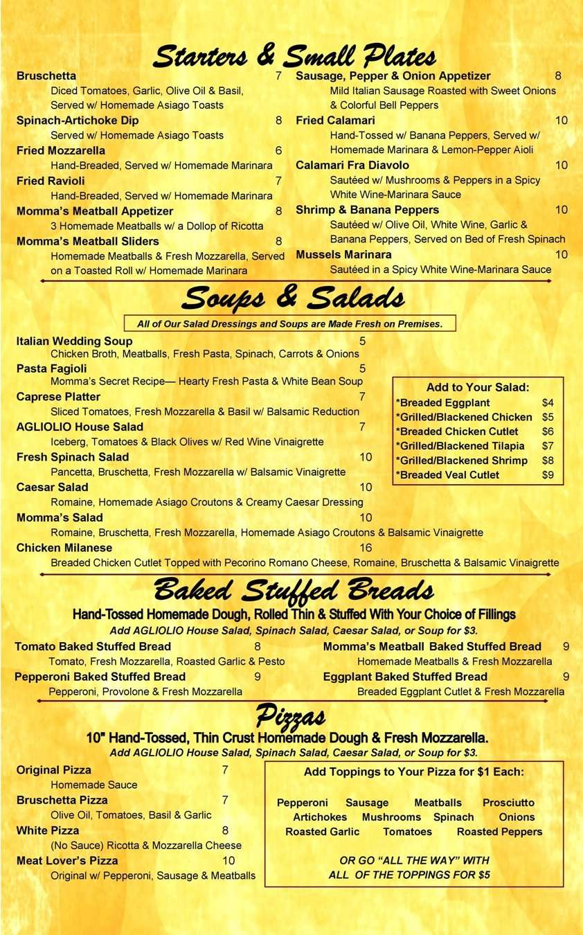 Menu at Agliolio ~ a FRESH Take on Italian pub & bar, Wellington