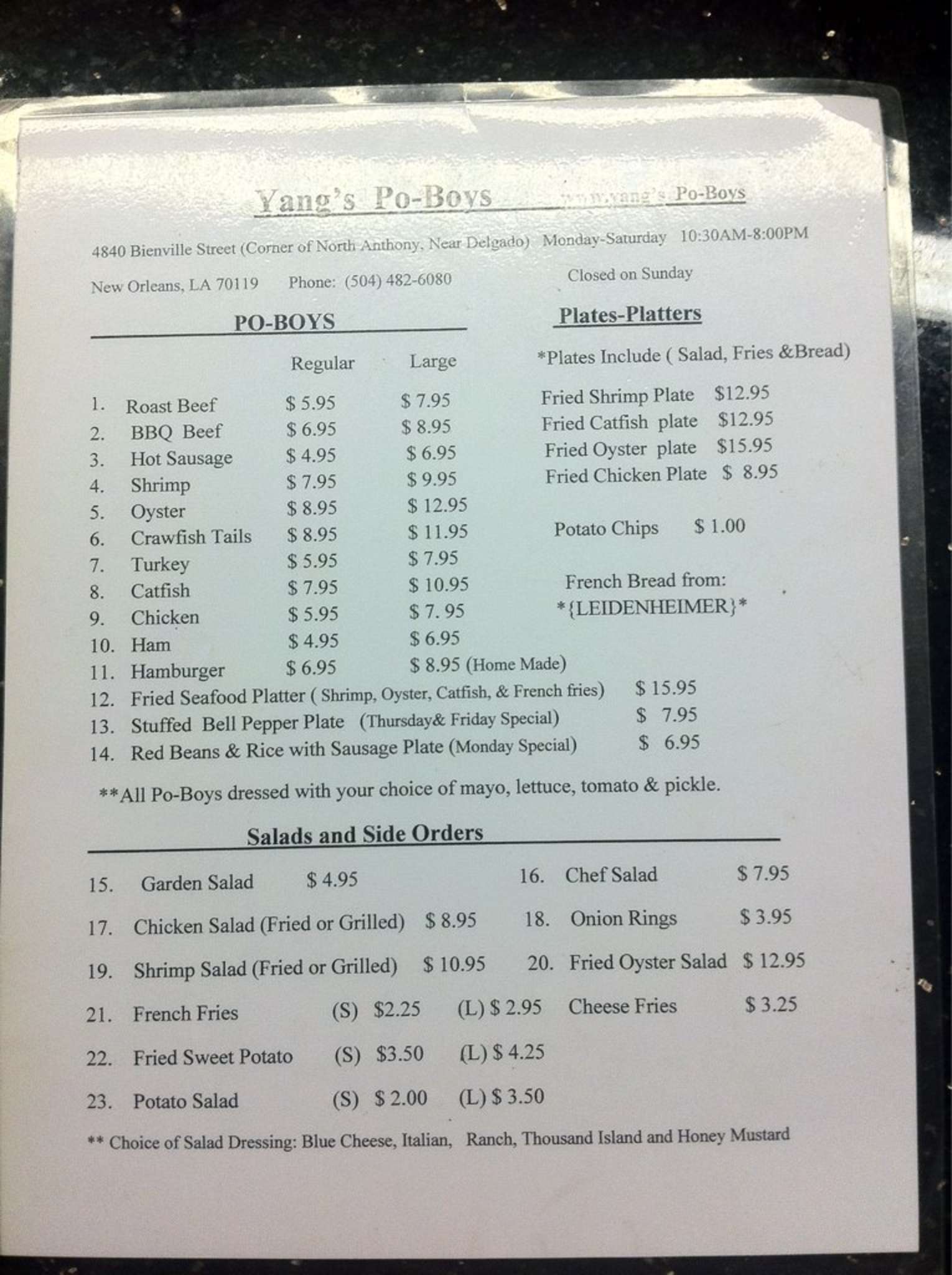 Yang's Po-Boys Menu, Menu for Yang's Po-Boys, Mid-City, New Orleans ...