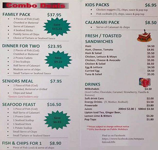 Menu at Tempura Fish fast food, Redcliffe