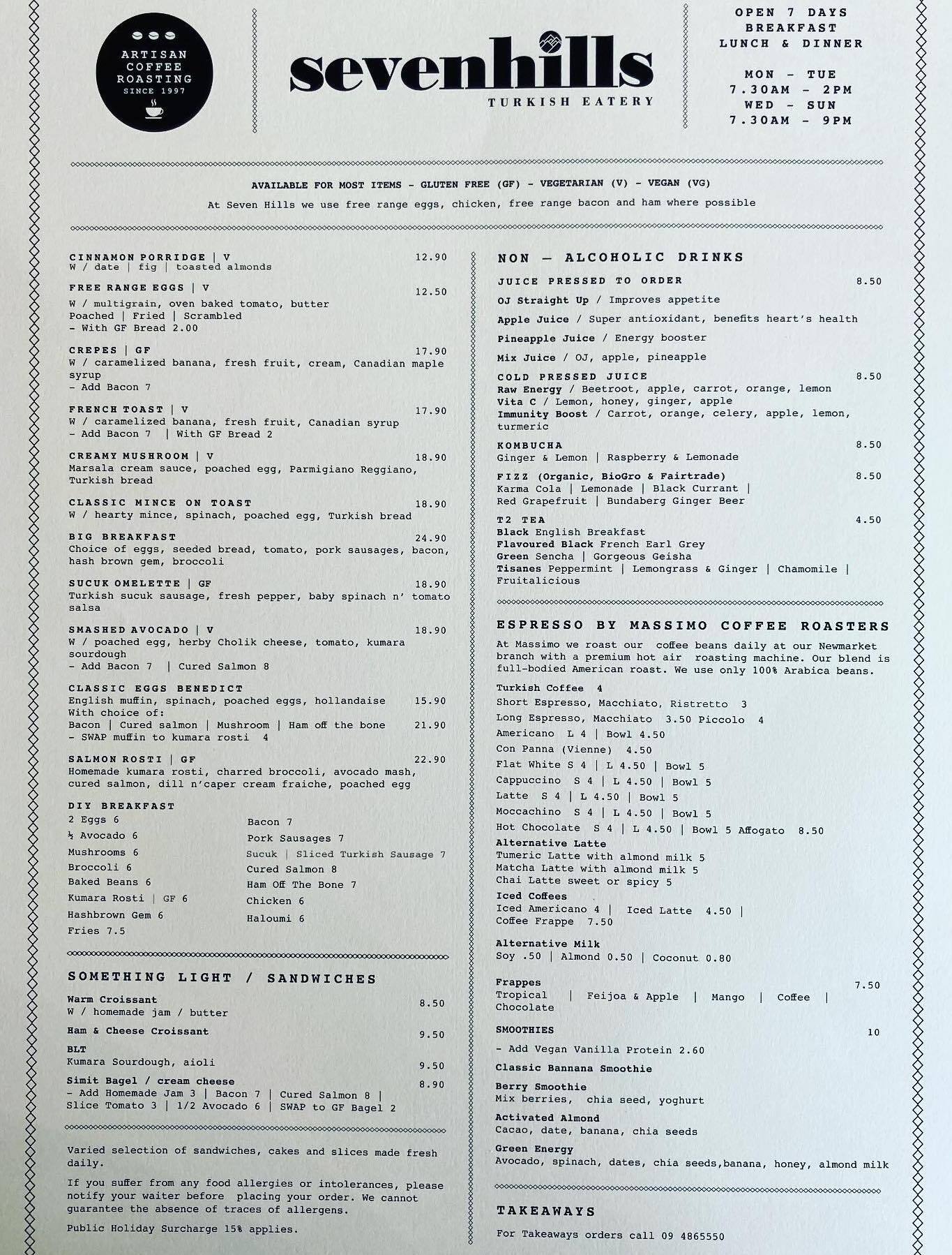 Menu at Seven Hills Turkish Cafe & Roastery, Auckland