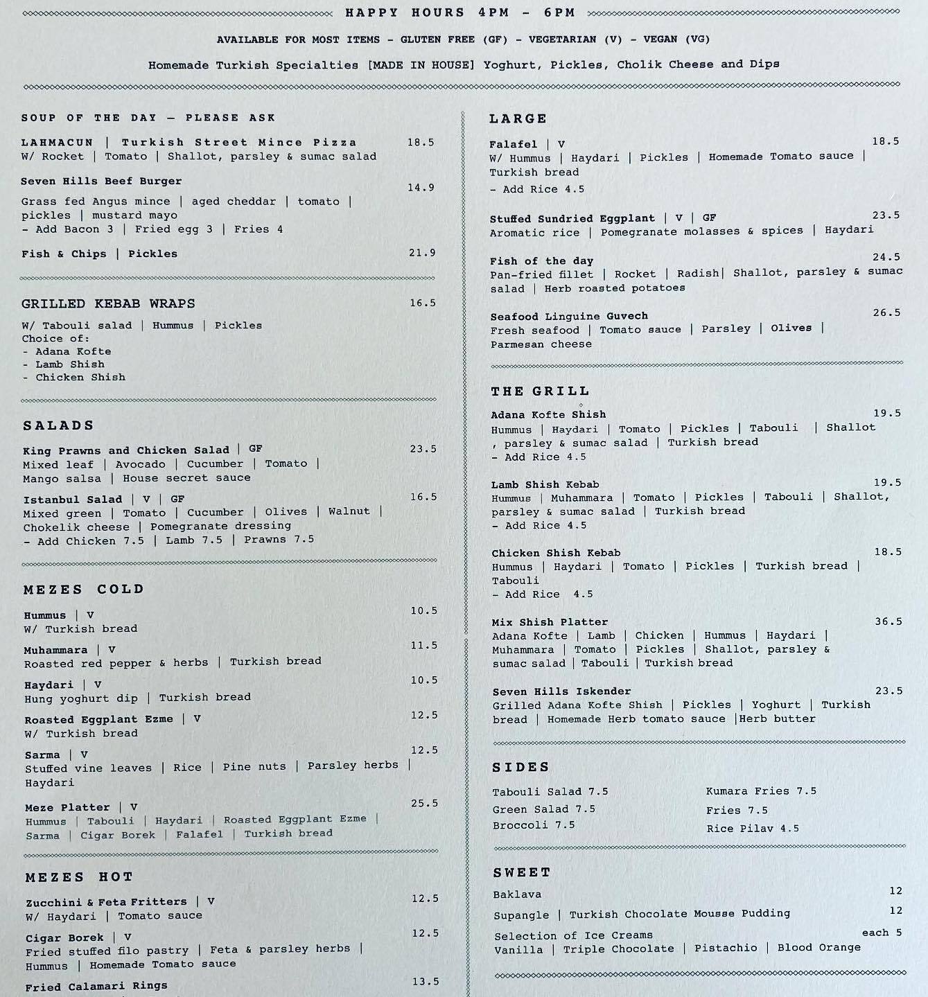 Menu at Seven Hills Turkish Cafe & Roastery, Auckland