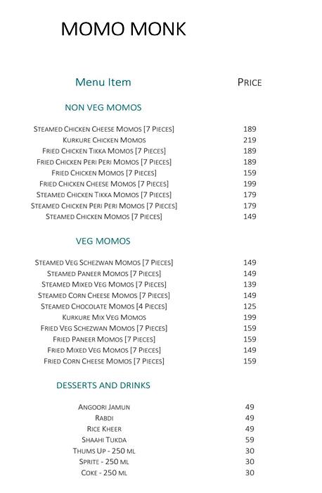 Menu of Momo Monk, Teynampet, Chennai