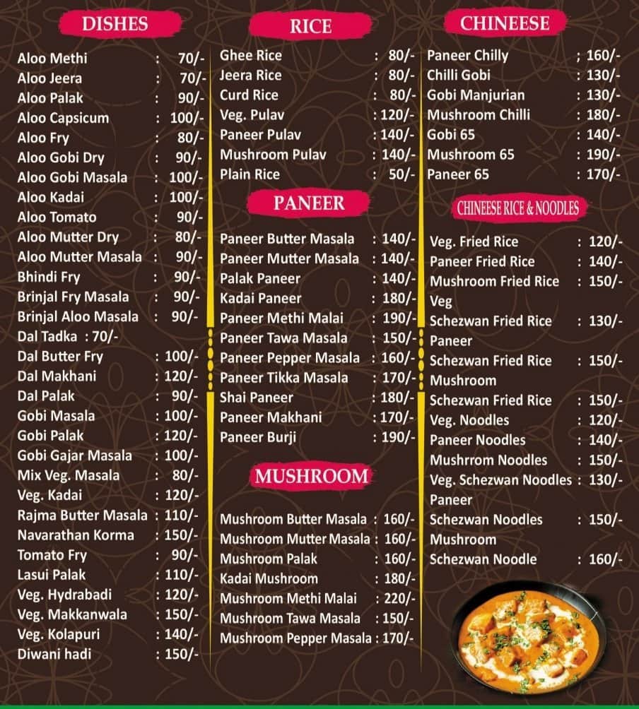 Menu at Delhi Darbar, Thiruvananthapuram