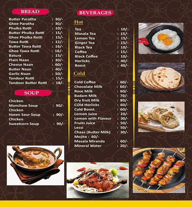 Menu at Delhi Darbar, Thiruvananthapuram