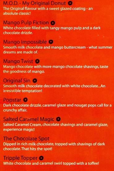 Menu at mad over donuts, Delhi, V3s Mall