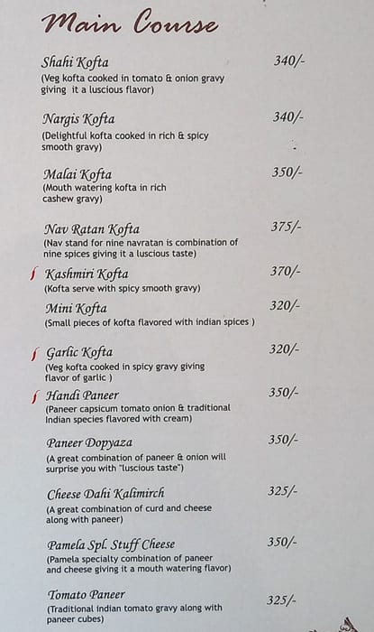 Menu of Pamela Restaurant, Kakadeo, Kanpur