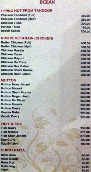 Menu at Dawat-e-Bahar, Agra