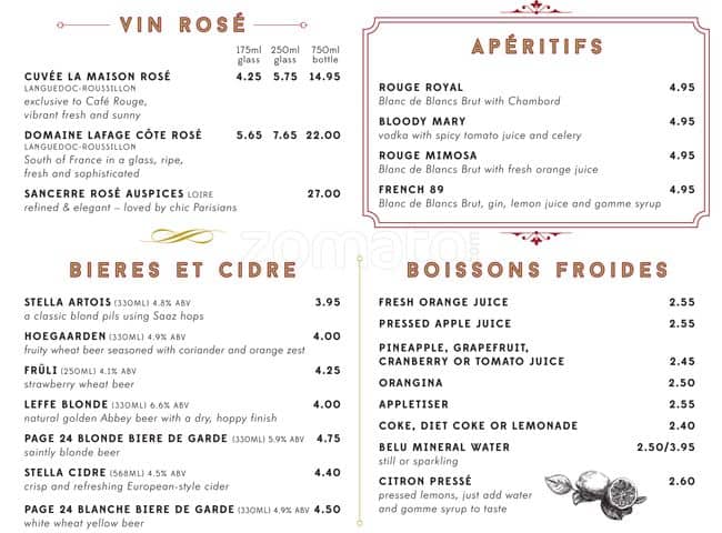 Menu at Café Rouge restaurant, London, 2 Lancer Square