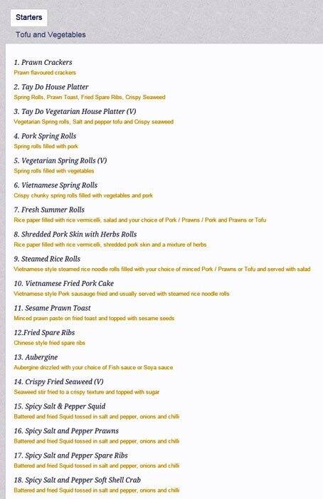 Menu at Tay Do Cafe, London