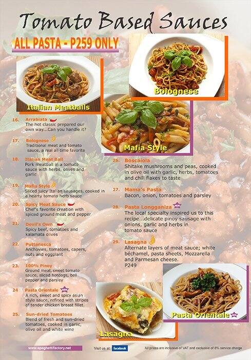 Menu at Spaghetti Factory restaurant, Makati, 2/F