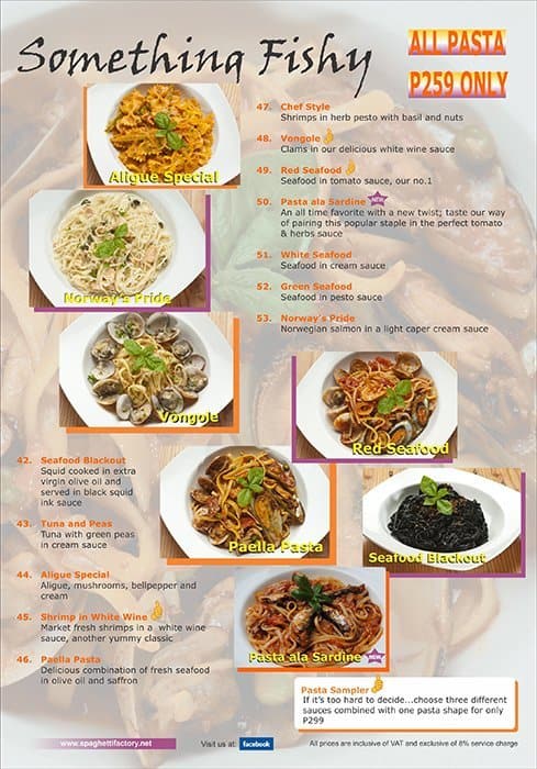 Menu at Spaghetti Factory restaurant, Makati, 2/F