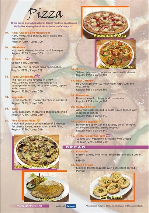 Menu at Spaghetti Factory restaurant, Makati, 2/F