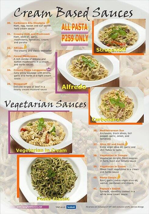Menu at Spaghetti Factory restaurant, Makati, 2/F