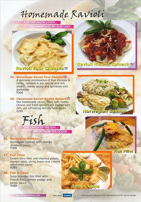 Menu at Spaghetti Factory restaurant, Makati, 2/F