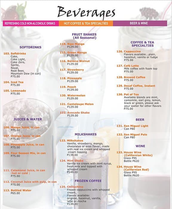 Menu at Spaghetti Factory restaurant, Makati, 2/F