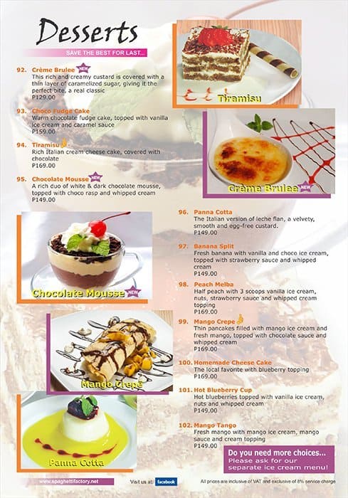 Menu at Spaghetti Factory restaurant, Makati, 2nd Floor
