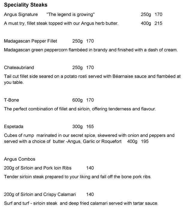 Menu at The Angus Grill steakhouse, Cape Town