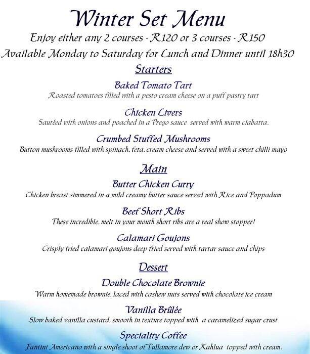 Menu at The Angus Grill steakhouse, Cape Town