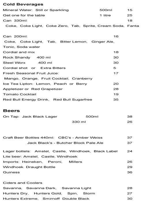 Menu at The Angus Grill steakhouse, Cape Town