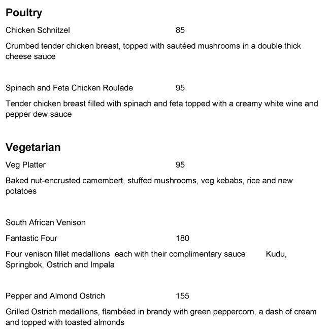 Menu at The Angus Grill steakhouse, Cape Town