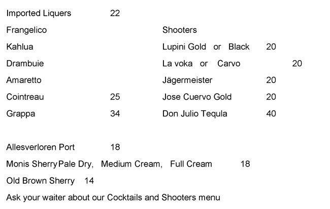 Menu at The Angus Grill steakhouse, Cape Town