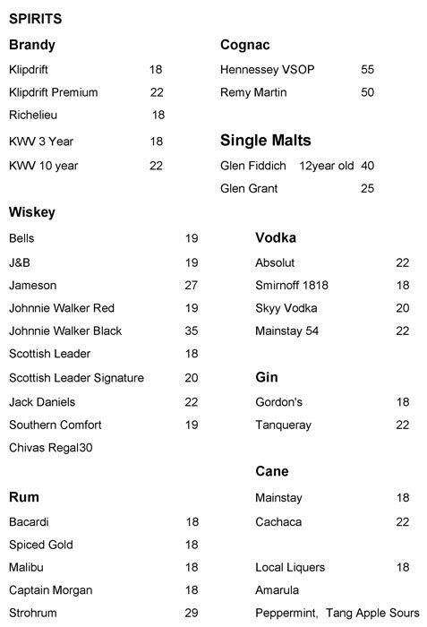 Menu at The Angus Grill steakhouse, Cape Town