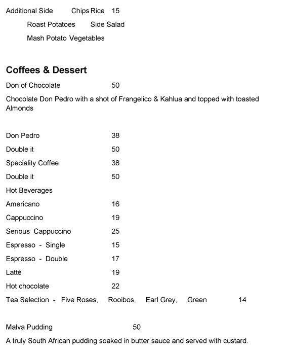 Menu at The Angus Grill steakhouse, Cape Town