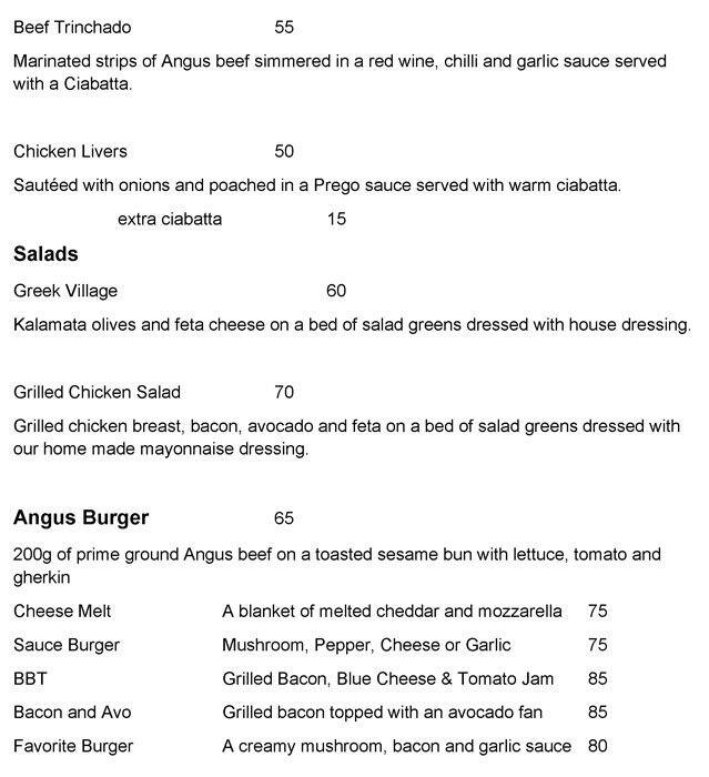 Menu at The Angus Grill steakhouse, Cape Town