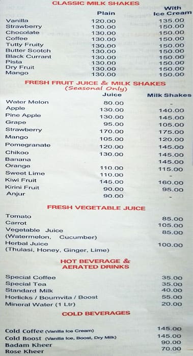 Menu at Sangeetha Veg, Chennai, 2/96/ B- Sri Nilayam