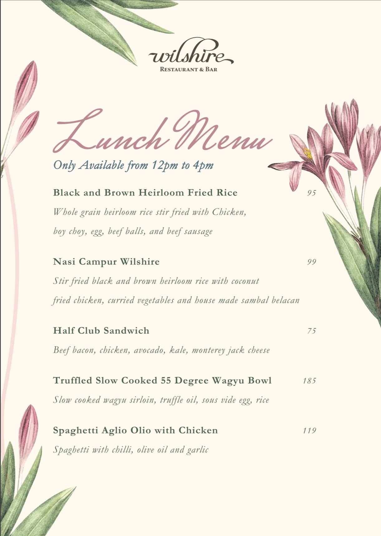 Menu at Wilshire cafe, Jakarta, Jl. Senopati Raya No. 64