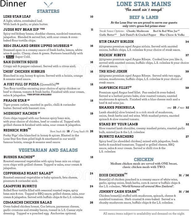Menu at Lone Star steakhouse, Christchurch