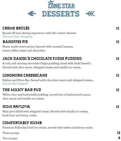 Menu at Lone Star steakhouse, Christchurch