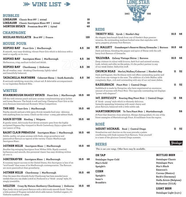 Menu at Lone Star steakhouse, Christchurch