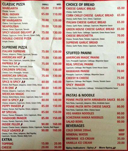 Real Paprika, Naranpura Menu