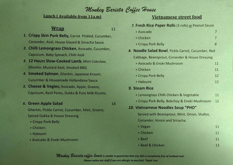Menu at monkey barista, Darlinghurst, 379 South Dowling St