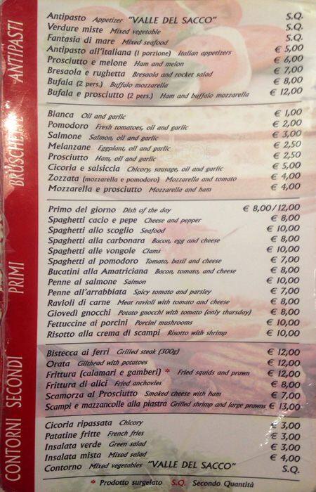 Menu da La Valle del Sacco pizzeria, Roma
